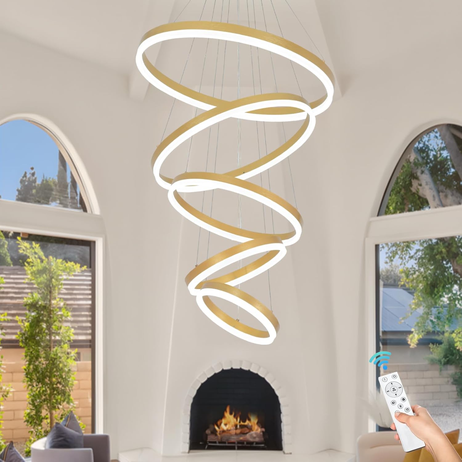 AVIOLYX 5 Rings Modern LED Chandelier for Foyer, Gold High Ceiling ...