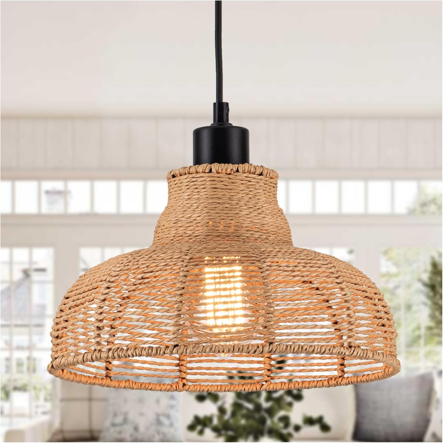 Vcaluruy Boho Hand Woven Rattan Pendant Light Fixture Vintage Farmhouse ...
