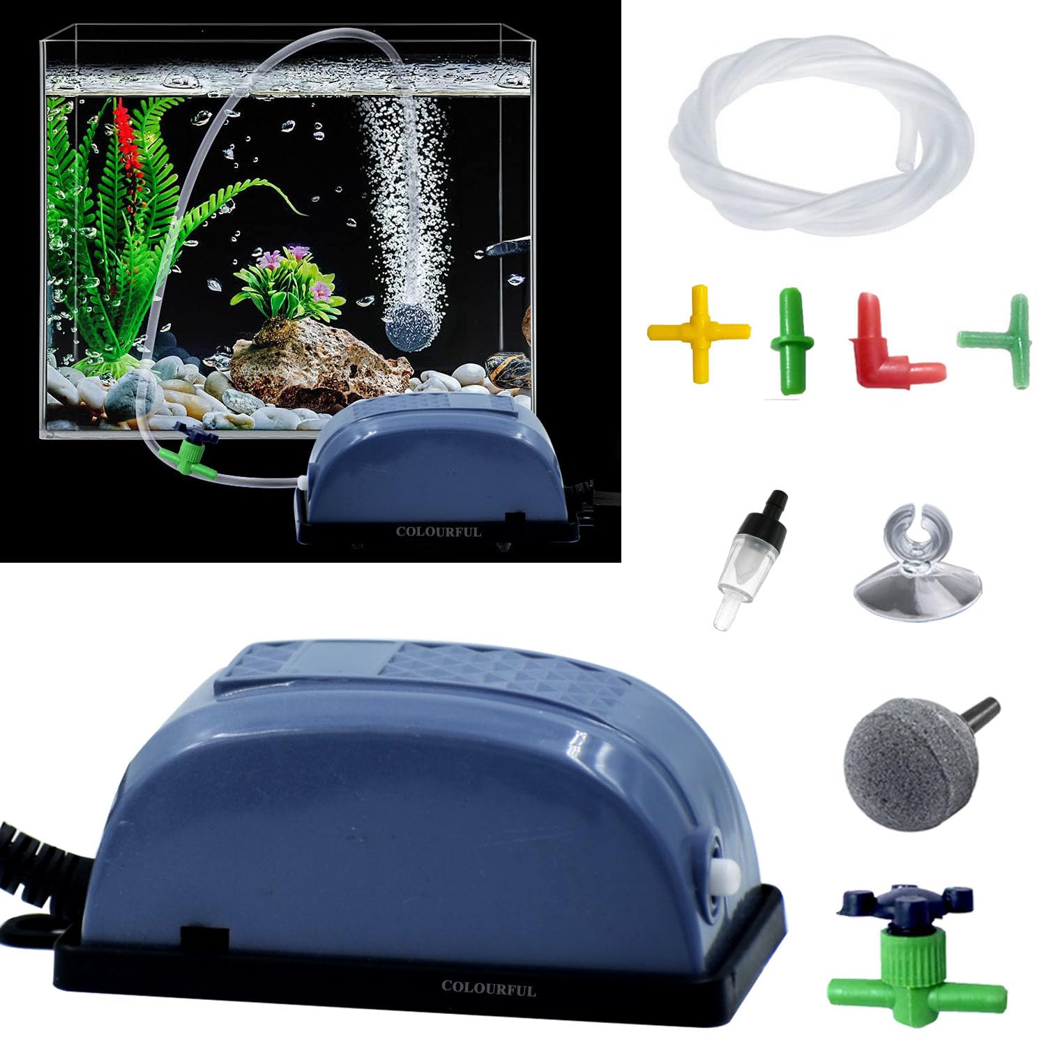 COLOURFUL AQUARIUM, Aquarium Air Pump/Motor + Tube + Air Stone (1 Way ...