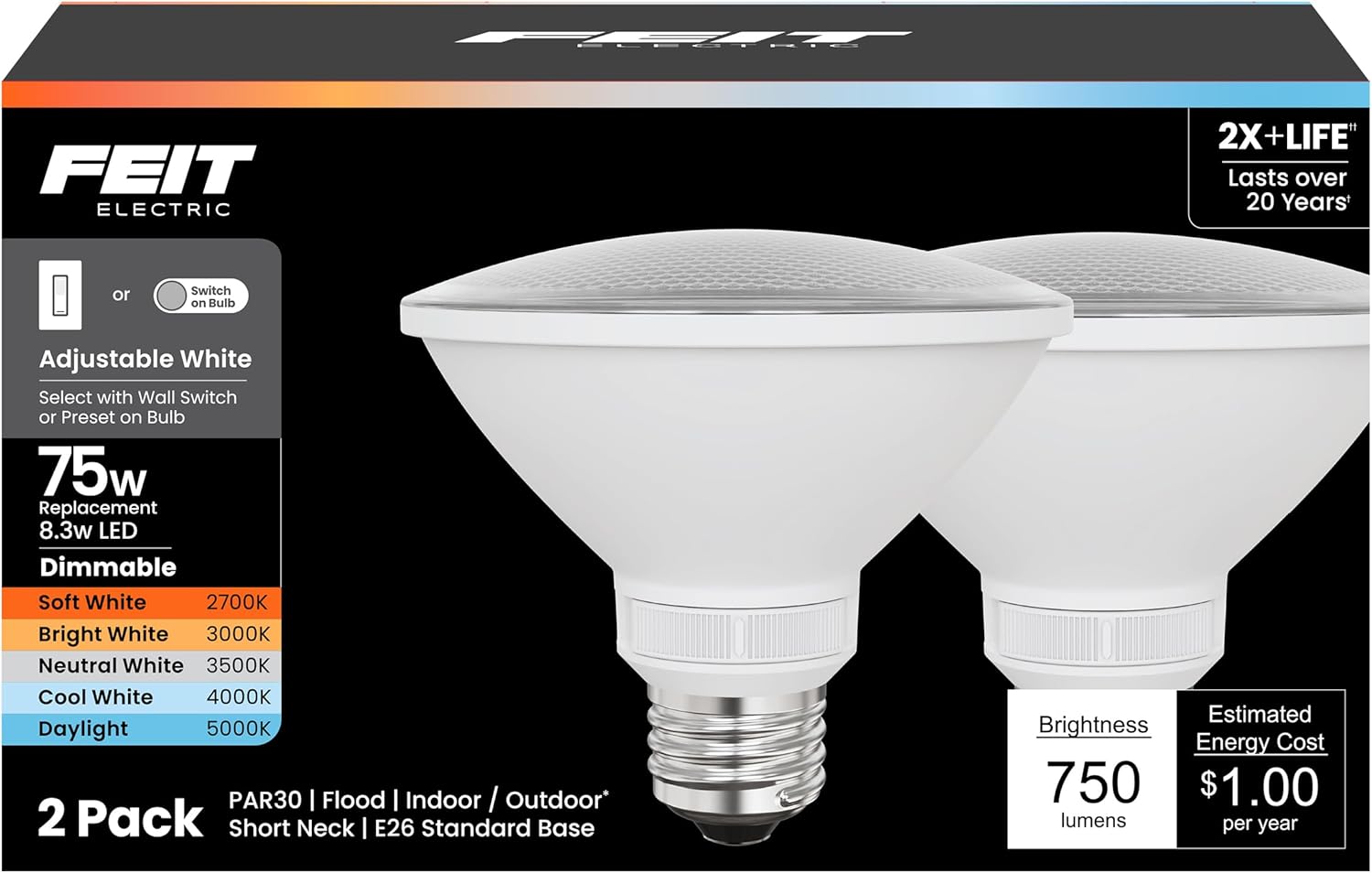 Feit Electric PAR30 LED Reflector Light Bulb, 8.3W (75W Equivalent), Dimmable, Adjustable White ...