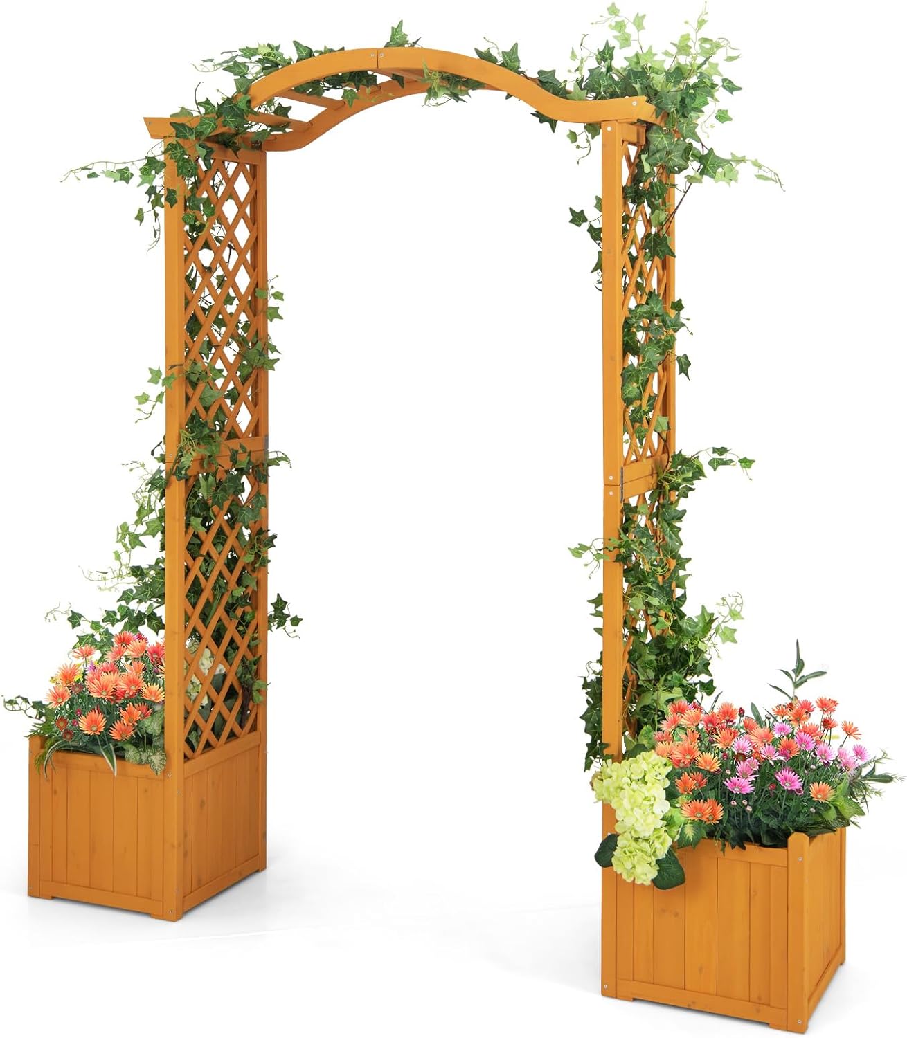 TANGZON Wooden Garden Arch with 2 Planters, Lawn Terrance Patio Trellis ...