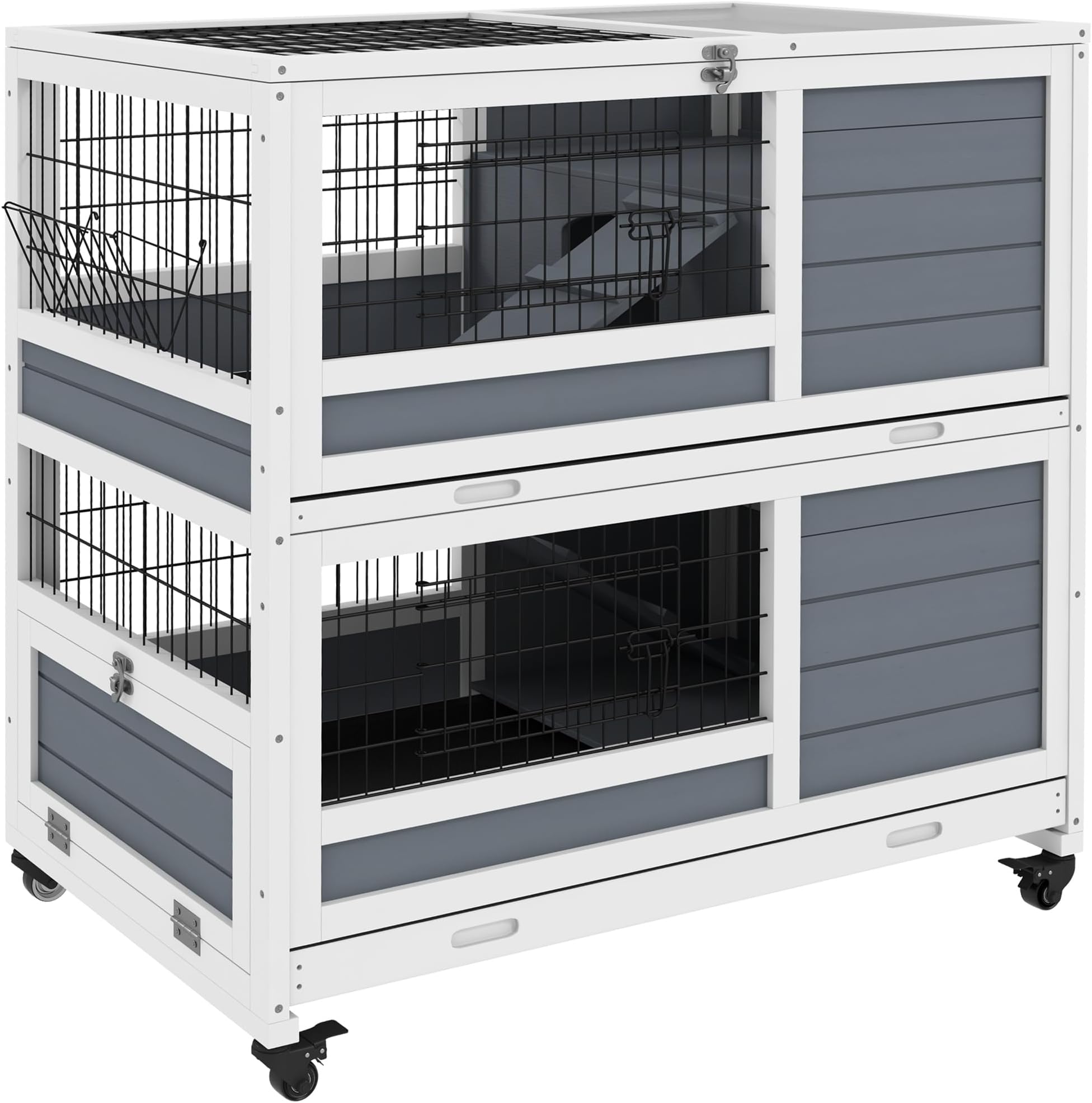 Amazon.com: PawHut Indoor Rabbit Hutch with Wheels, 2-Tier Rabbit Cage ...