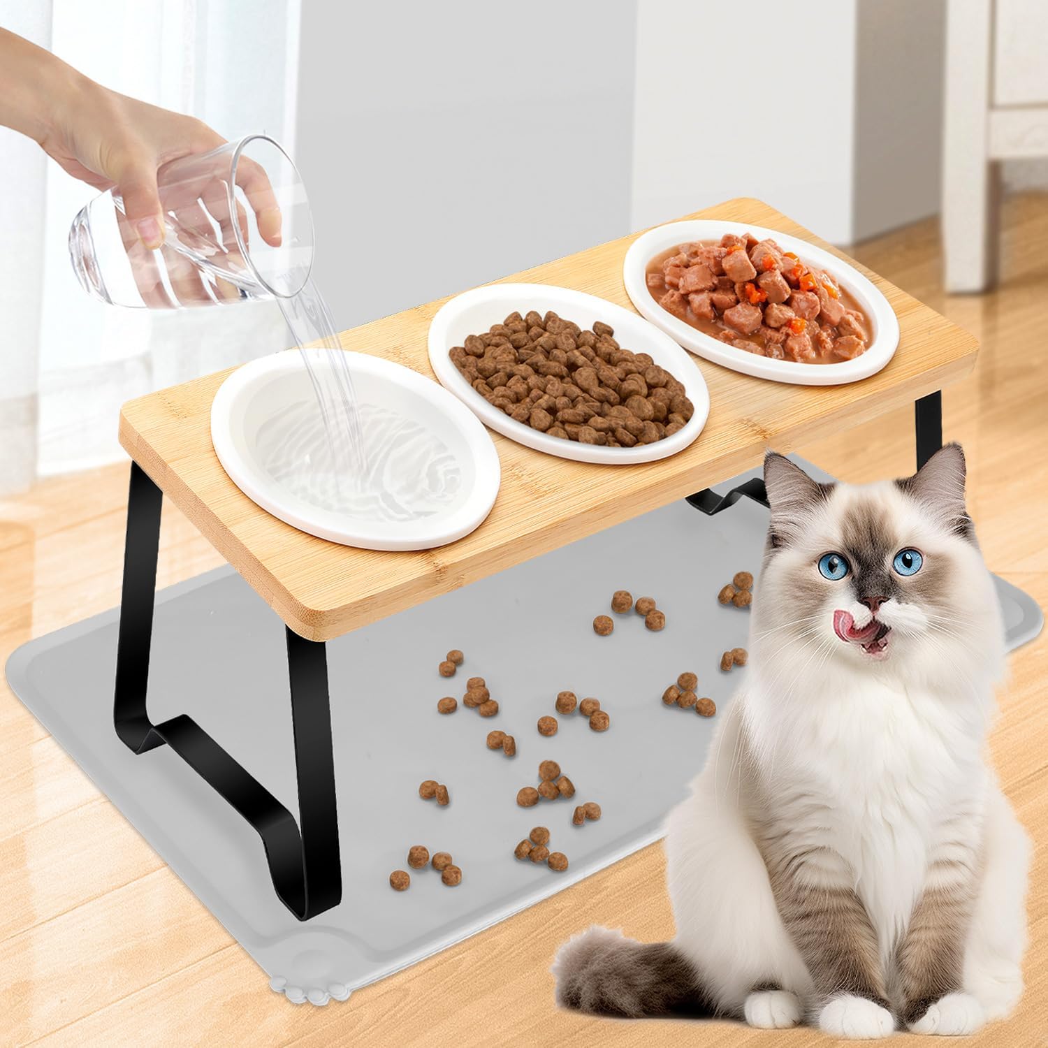 Amazon.com : Lukovee Elevated Cat Ceramic Bowls with Food Mat, 15 ...