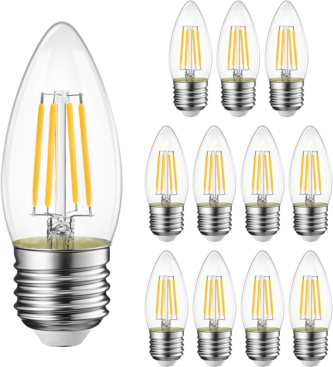 LVWIT B11 LED Filament Bulb E26 Candelabra Medium Base 2700K Warm White, Pack of 12, 4W(60W ...