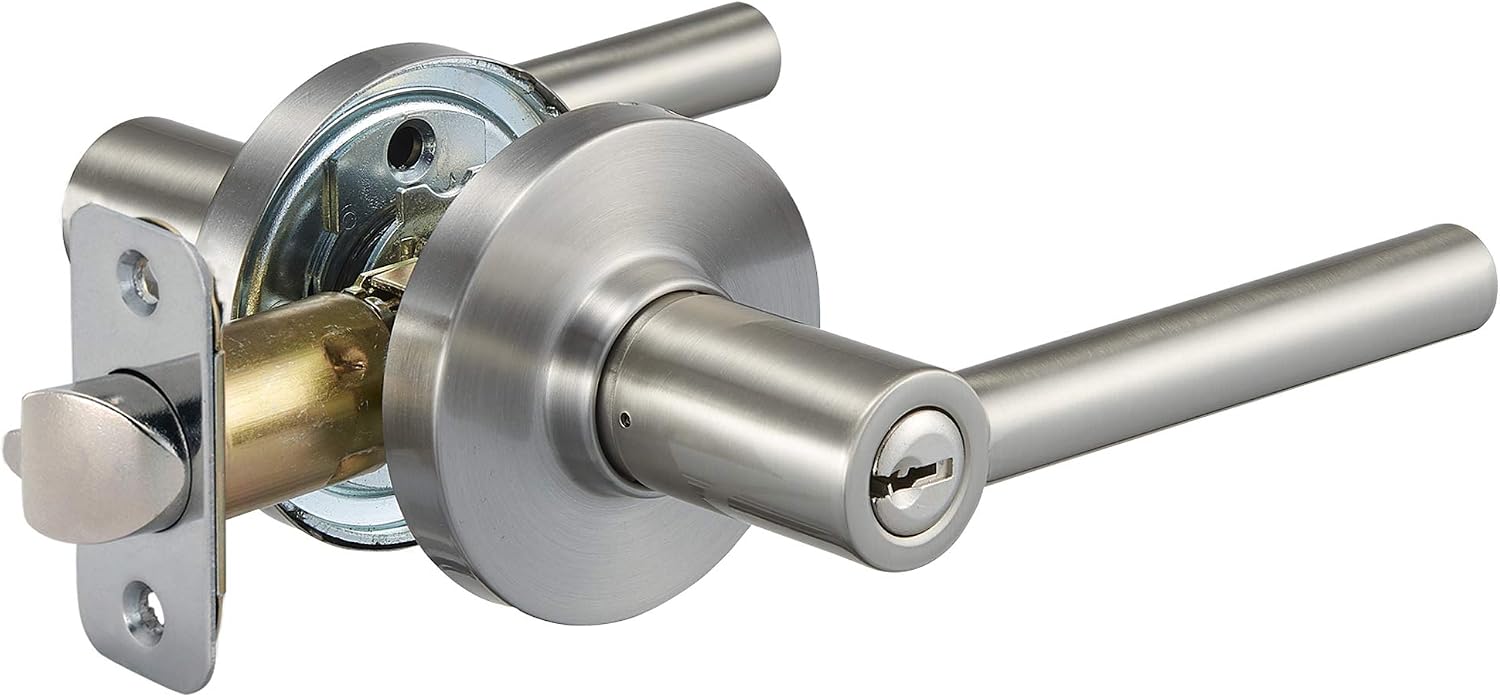 Amazon Basics Contemporary Madison Door Lever with Lock, Entry, Satin ...