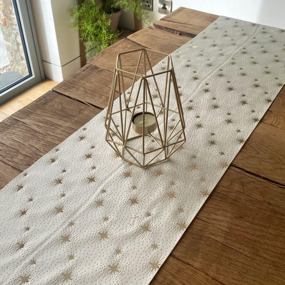 Cream Velvet Christmas Gold Stars Table Runner 28cm x 3m, Cream ...