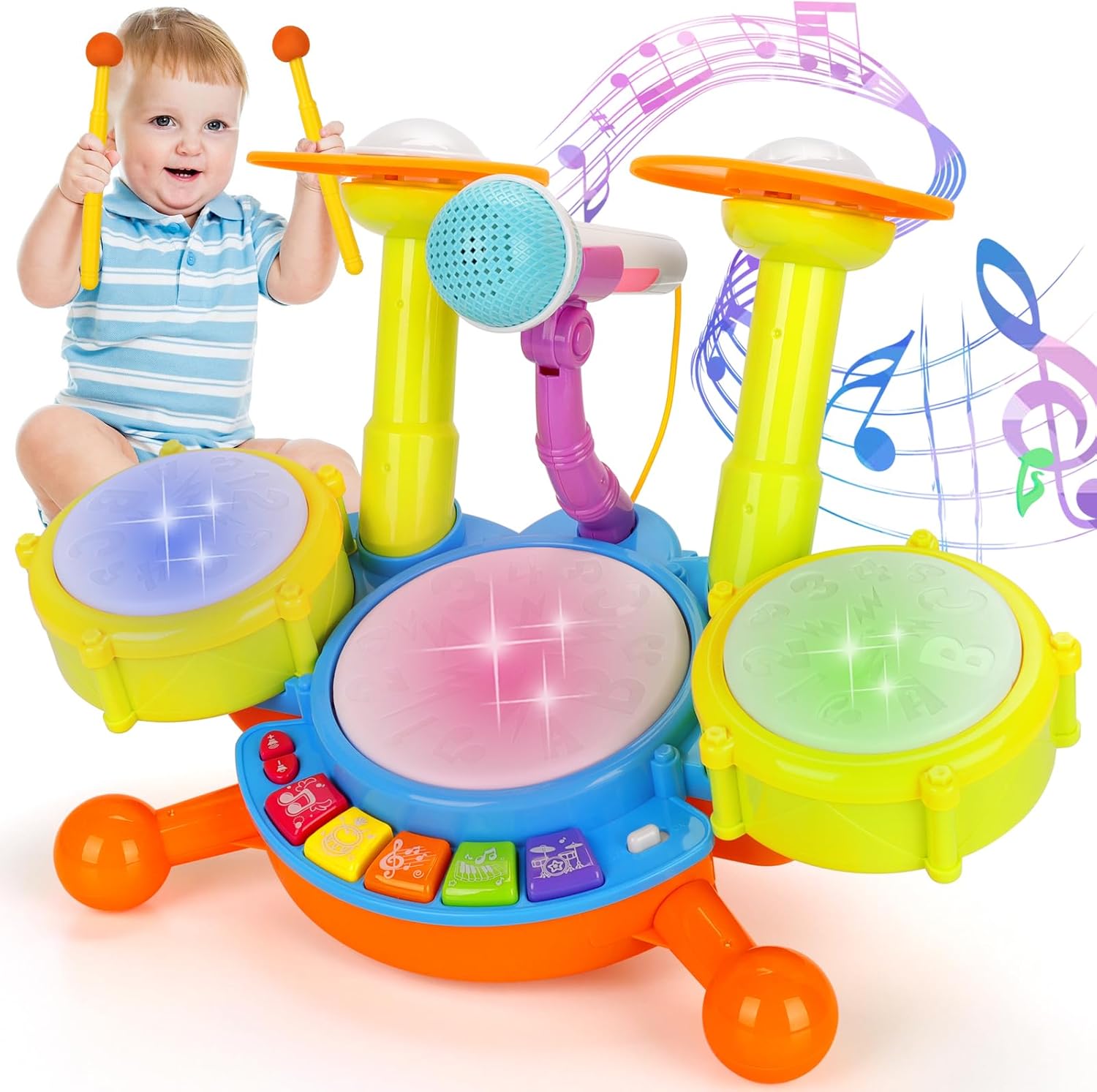 Kids Drum Set, Musical Toys for Kids with 2 Drum Sticks and Microphone ...