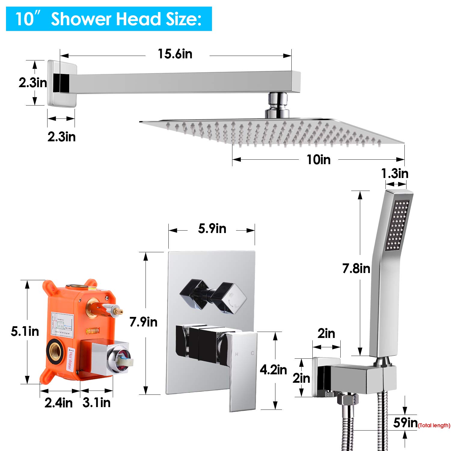 HGN 10 Inches Bathroom Luxury Rain Mixer Shower Combo Set, Wall Mounted ...
