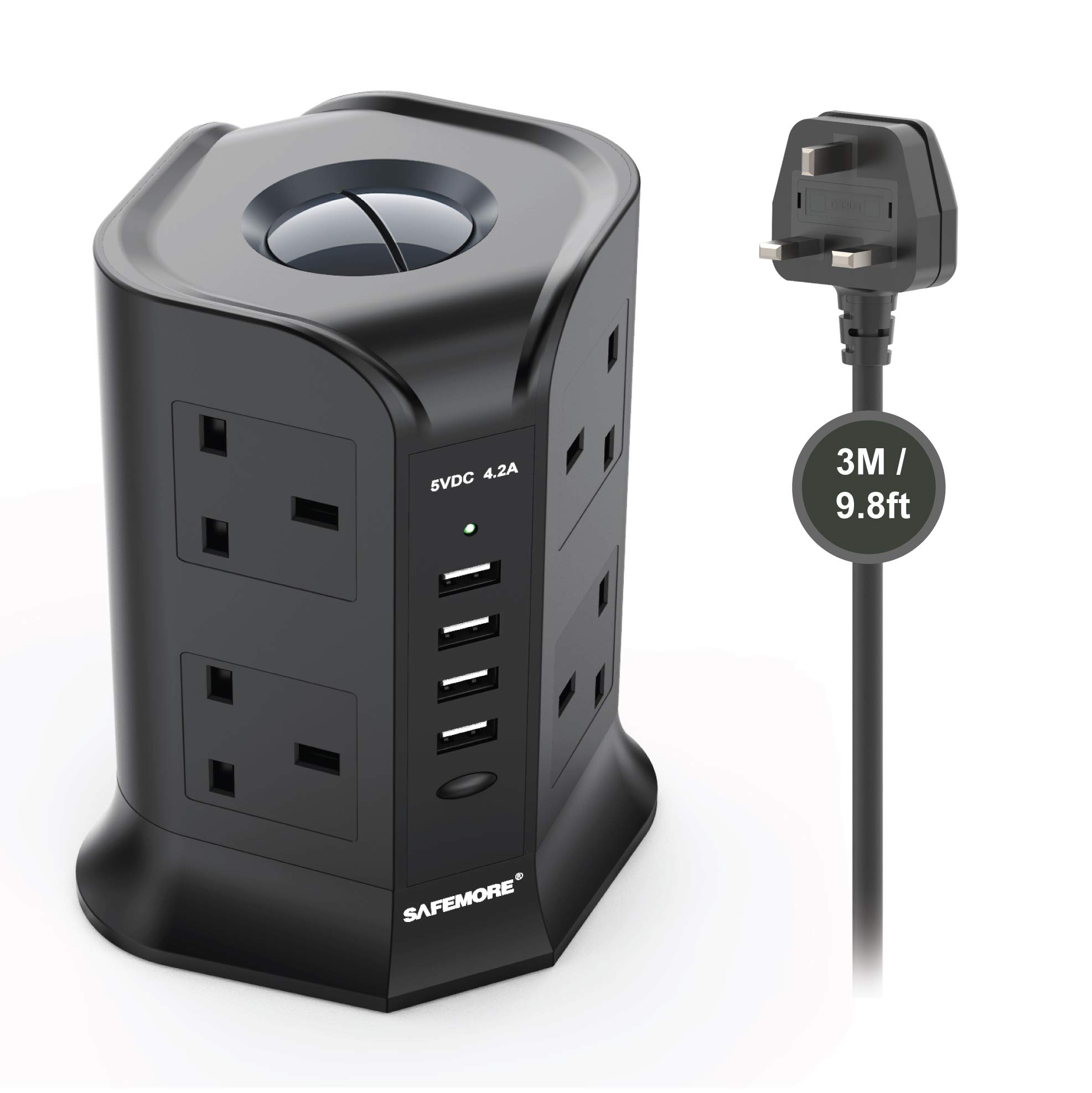 Buy SAFEMORE Tower Extension Lead with 4 USB Ports (5V, 4.8A) 8 Gang ...