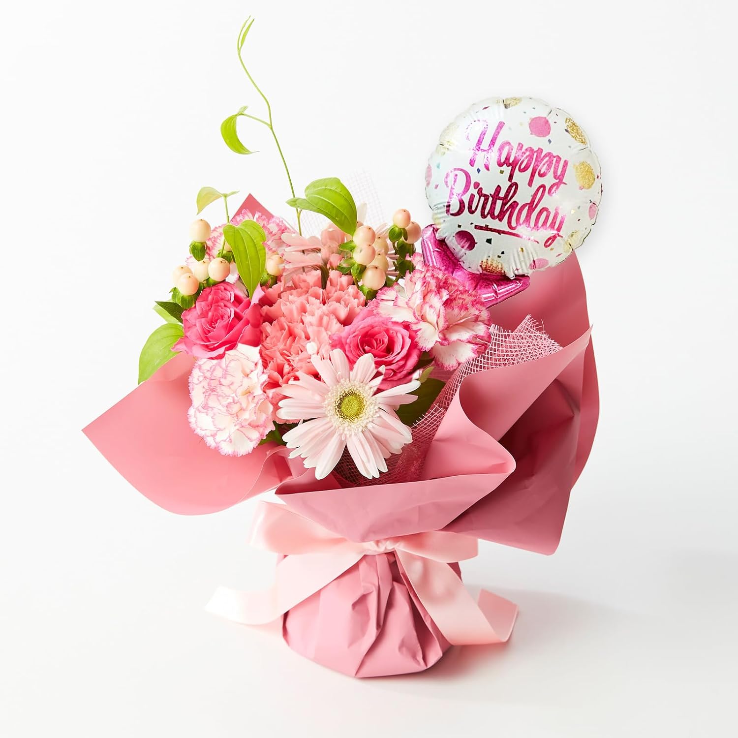 Amazon｜bloomee(ブルーミー) 【人気No.1】 そのまま飾れるブーケ ピンク HappyBirthdayバルーン付き 花 花束 生花 アレンジメント ギフト プレゼント 花瓶不要 ...