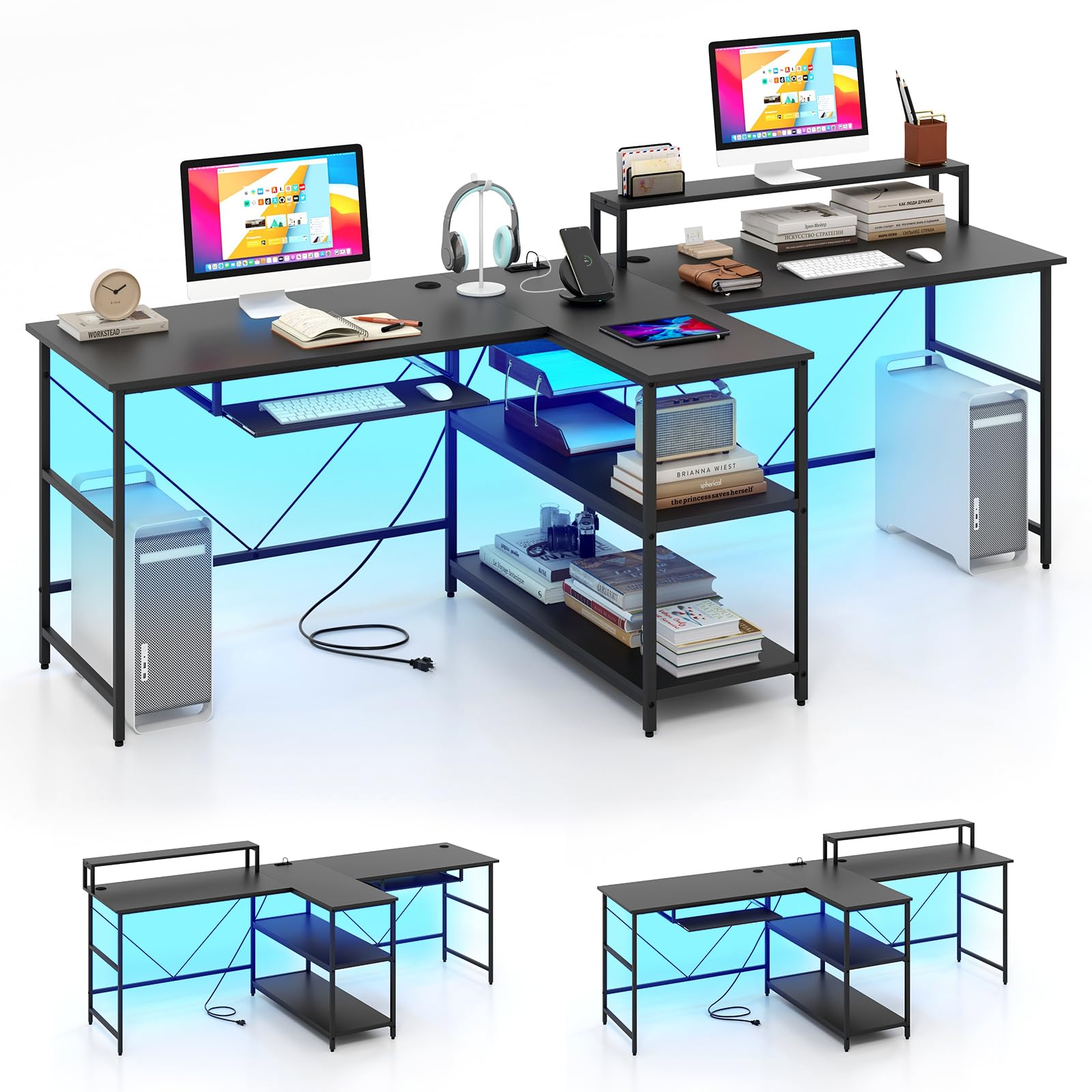 Tangkula 2-Person Reversible Computer Desk with LED Lights, 94.5” Long ...