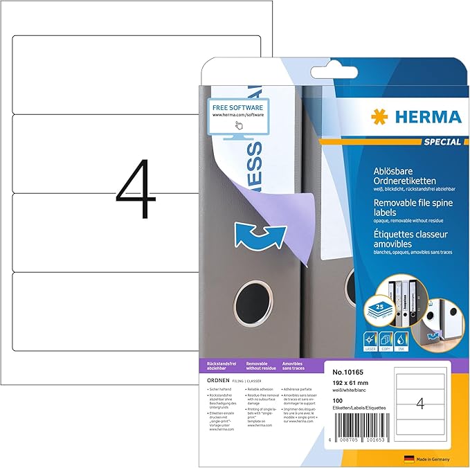 HERMA Self Adhesive Removable Spine Labels, 4 Labels per A4 Sheet, 25 ...