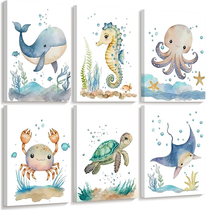 Amazon.com: Nursery Sea Animal Wall Decor Set of 6 Ocean Watercolor ...