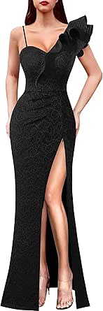 VFSHOW Womens Ruffle One Shoulder Strap Ruched Formal Prom Wedding Maxi Dress V Neck Elegant ...
