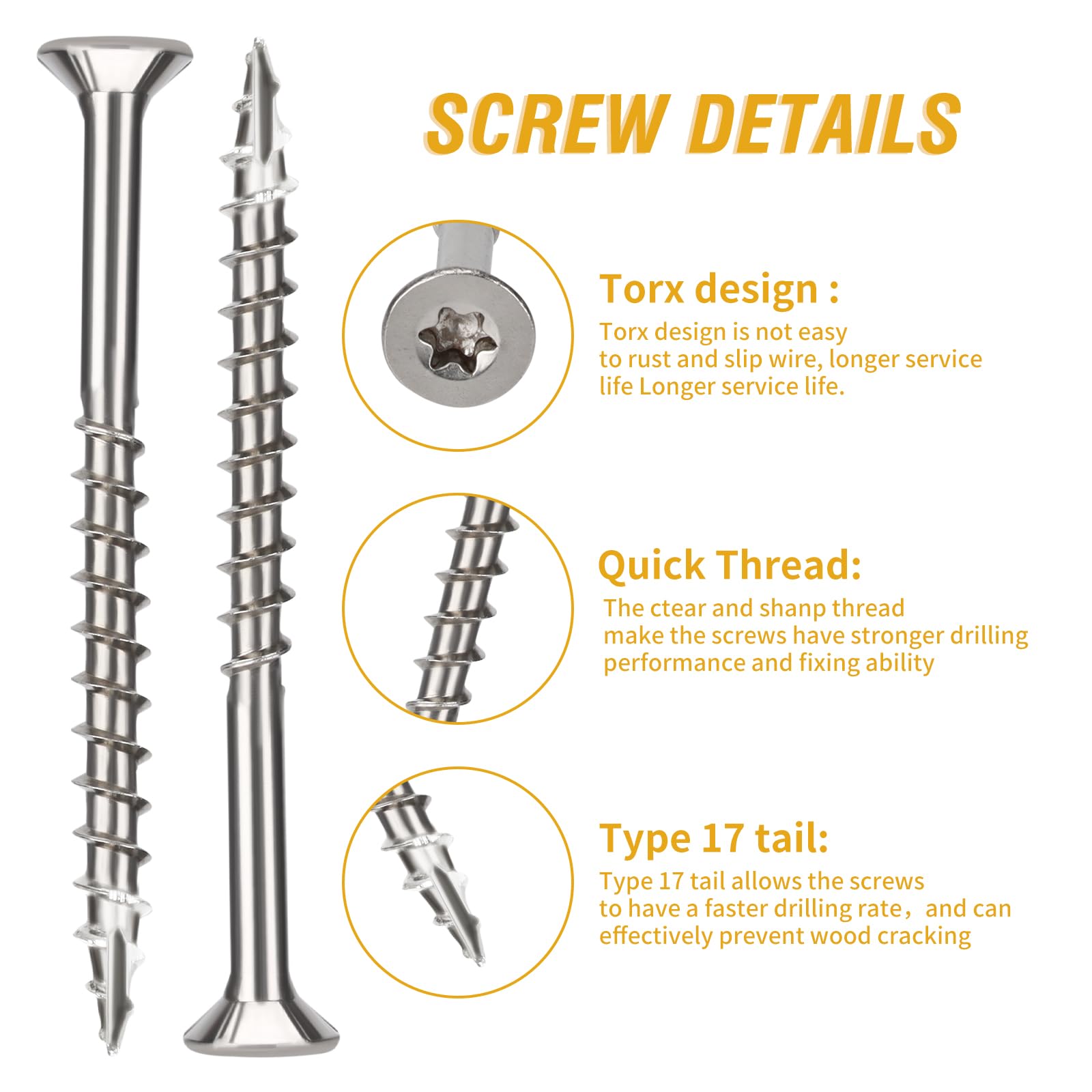 Snapklik.com : 304 Stainless Steel Wood Screws, Flat Head T25 Torx ...