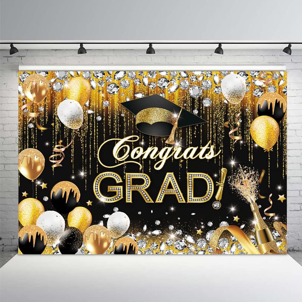 Amazon.com : Congratulations Grad Round Backdrop Cover Black and Gold ...