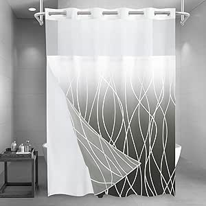 Amazon.com: LXBNI No Hook Ombre Dark Grey Striped Long Shower Curtain with Snap in Fabric Liner ...