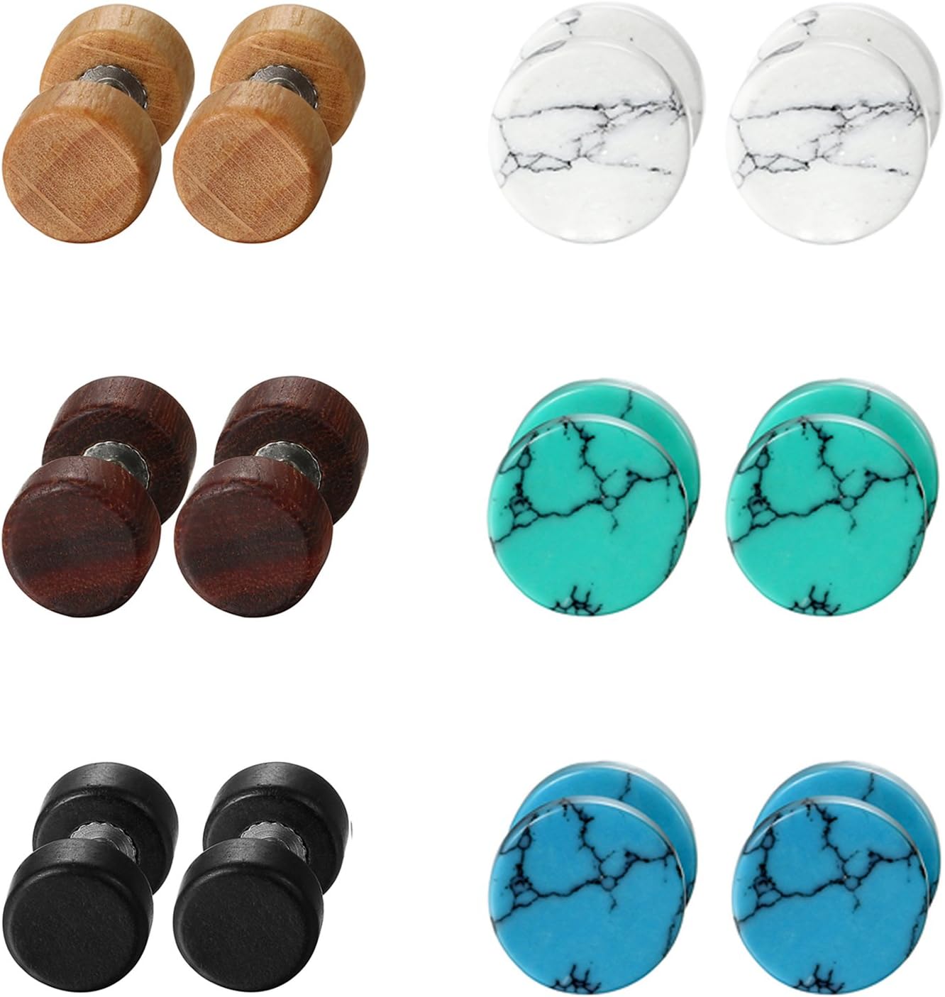 Amazon.com: 6 Pairs 8MM Marble Stone Wood Screw Stud Earrings Set ...