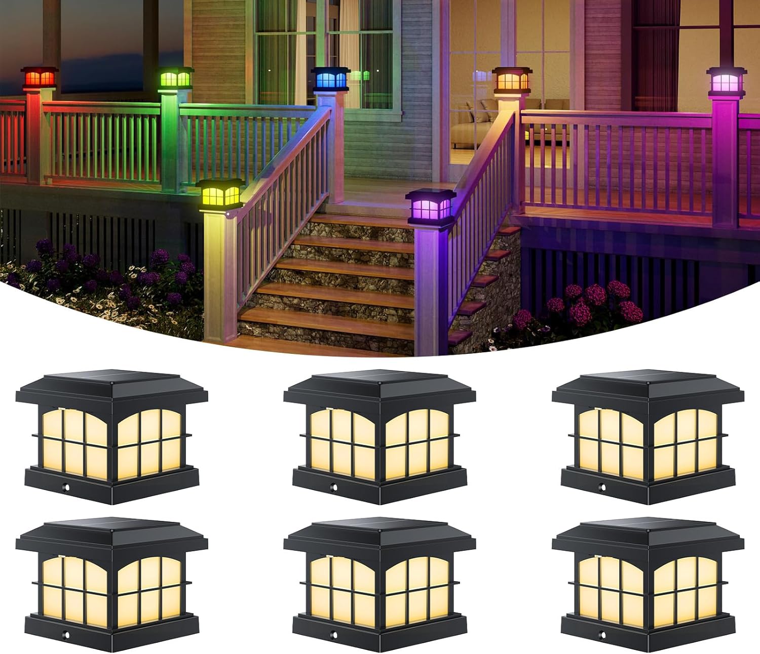PARTPHONER RGBCW Solar Post Cap Lights 6-Pack, 9 Colors 3 Modes Fence ...
