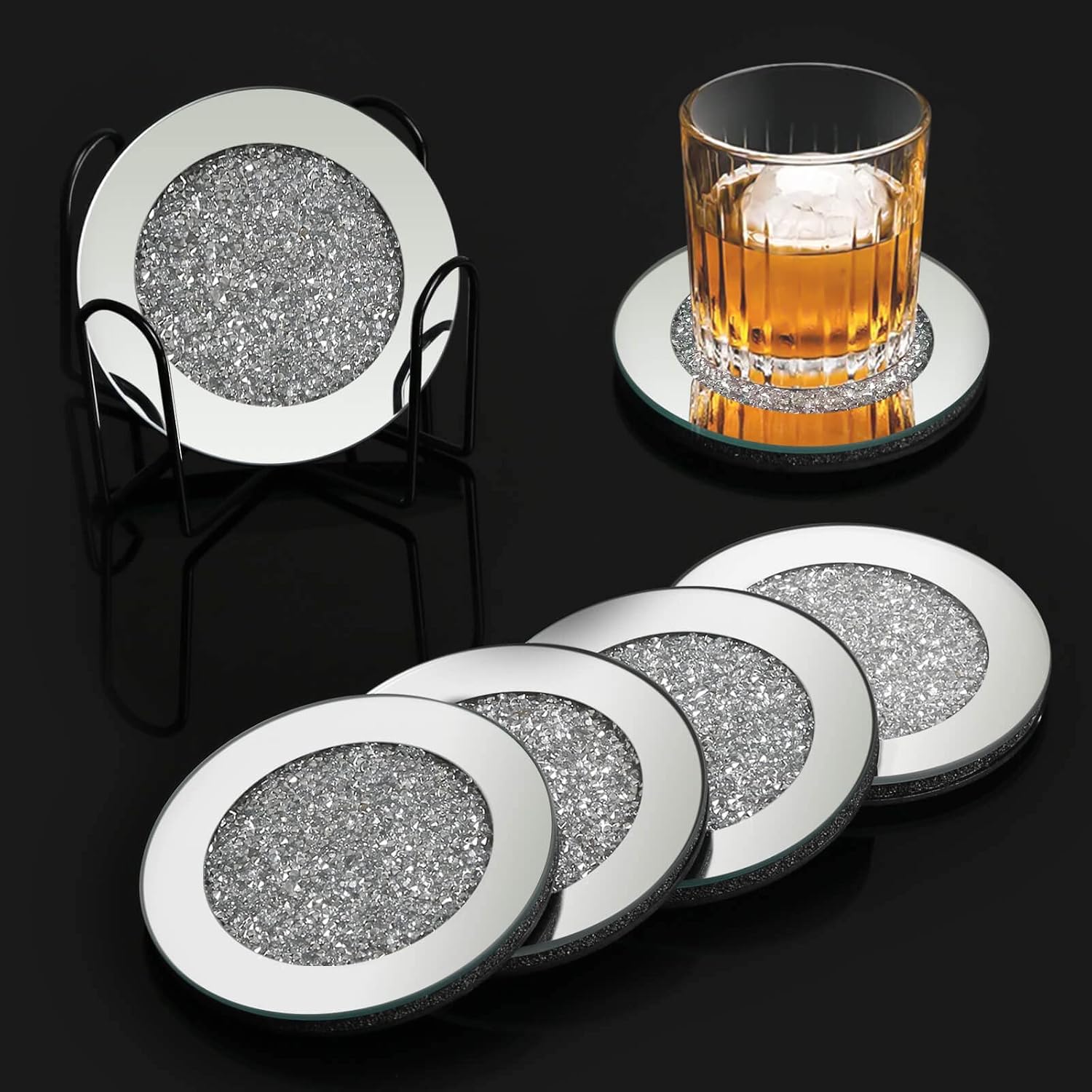 Amazon.com: 6 Pcs Glass Mirrored Coasters for Drinks with Holder ...