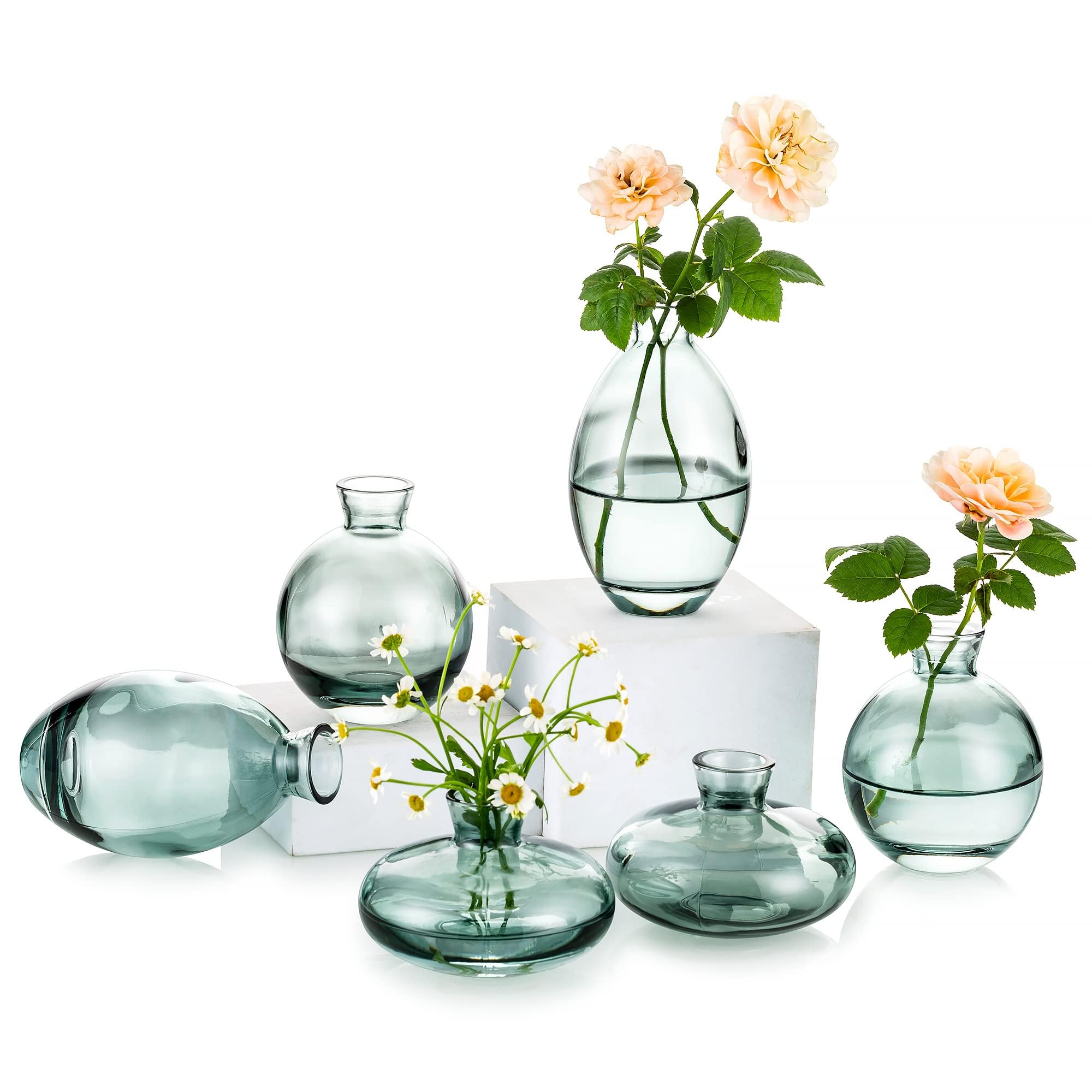 Small Glass Vase for Centerpieces, 6Pcs/2Sets Green Modern Small Mini ...