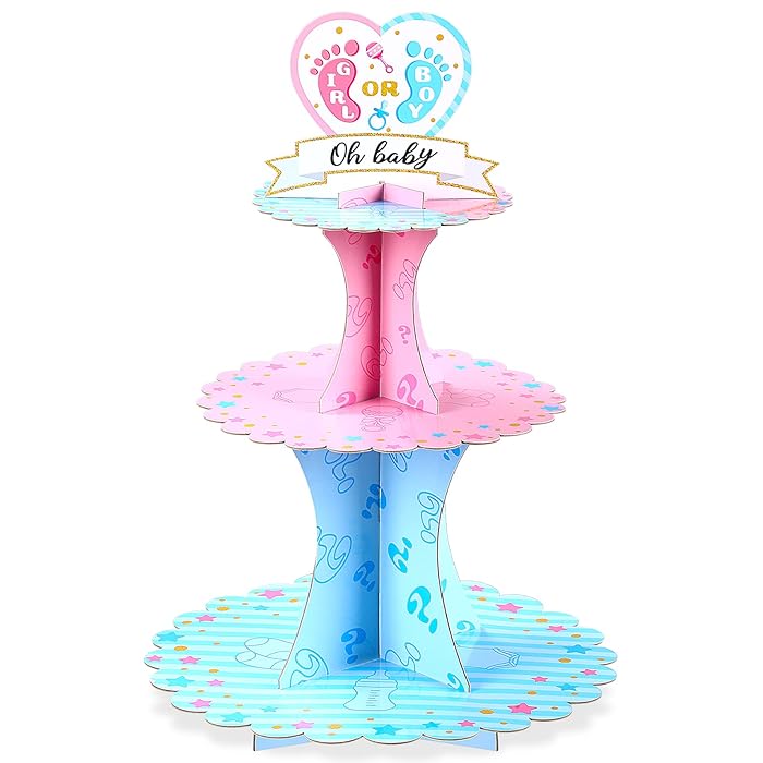 Buy Gender Reveal Party Cupcake Stand Decorations, Blue and Pink 3 Tier ...