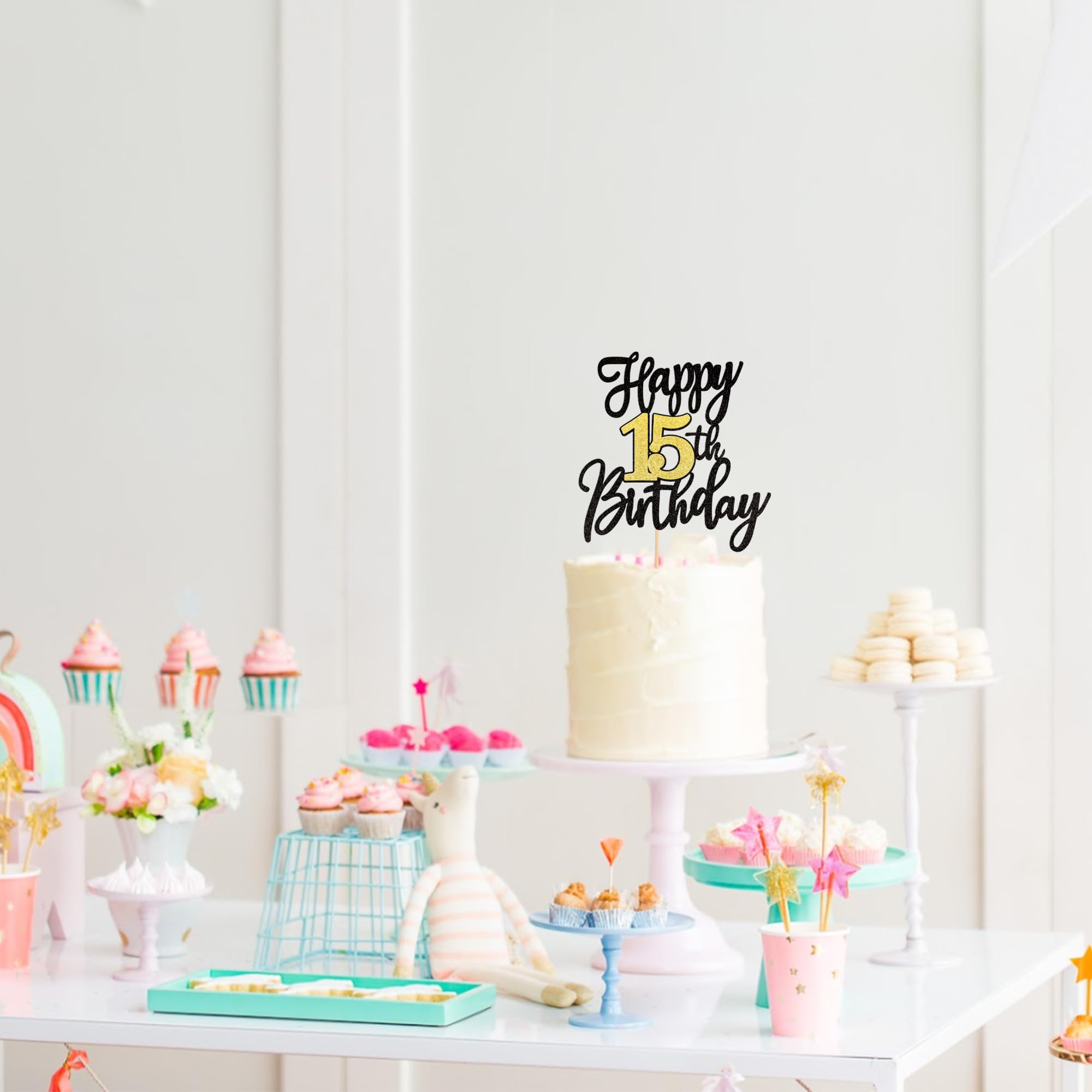 Snapklik.com : 1 PCS Happy 15th Birthday Cake Topper Black Gold Glitter ...