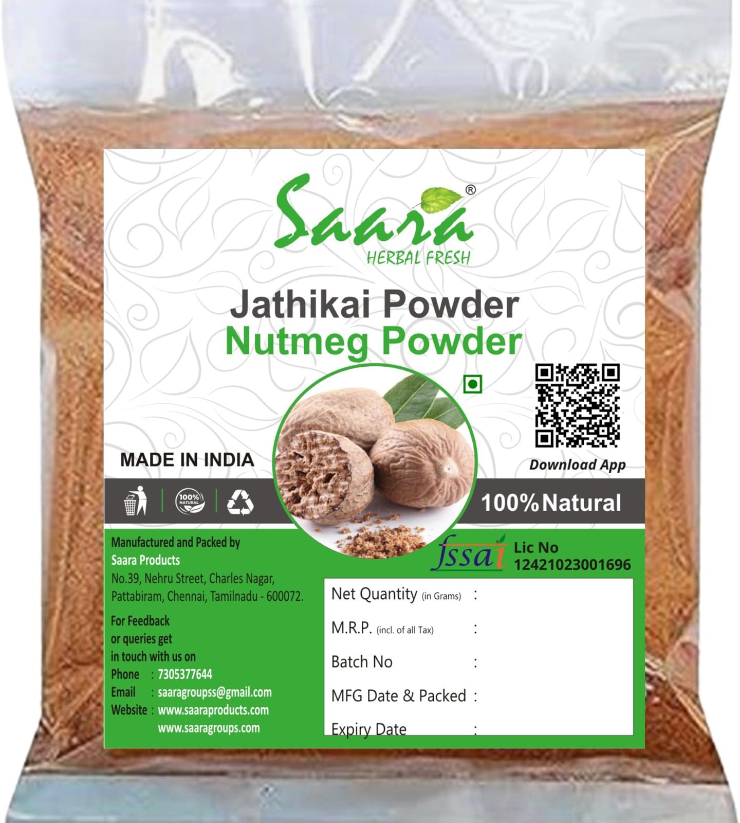 Saara HERBAL FRESH Jathikai Powder, 900g, Nutmeg Powder, Jaifal ...