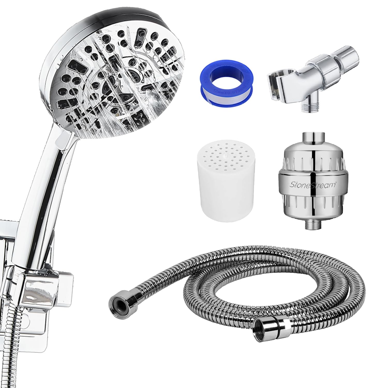 Original StoneStream 10 Mode Chrome Showerhead + Hose + Adapter +Stone ...