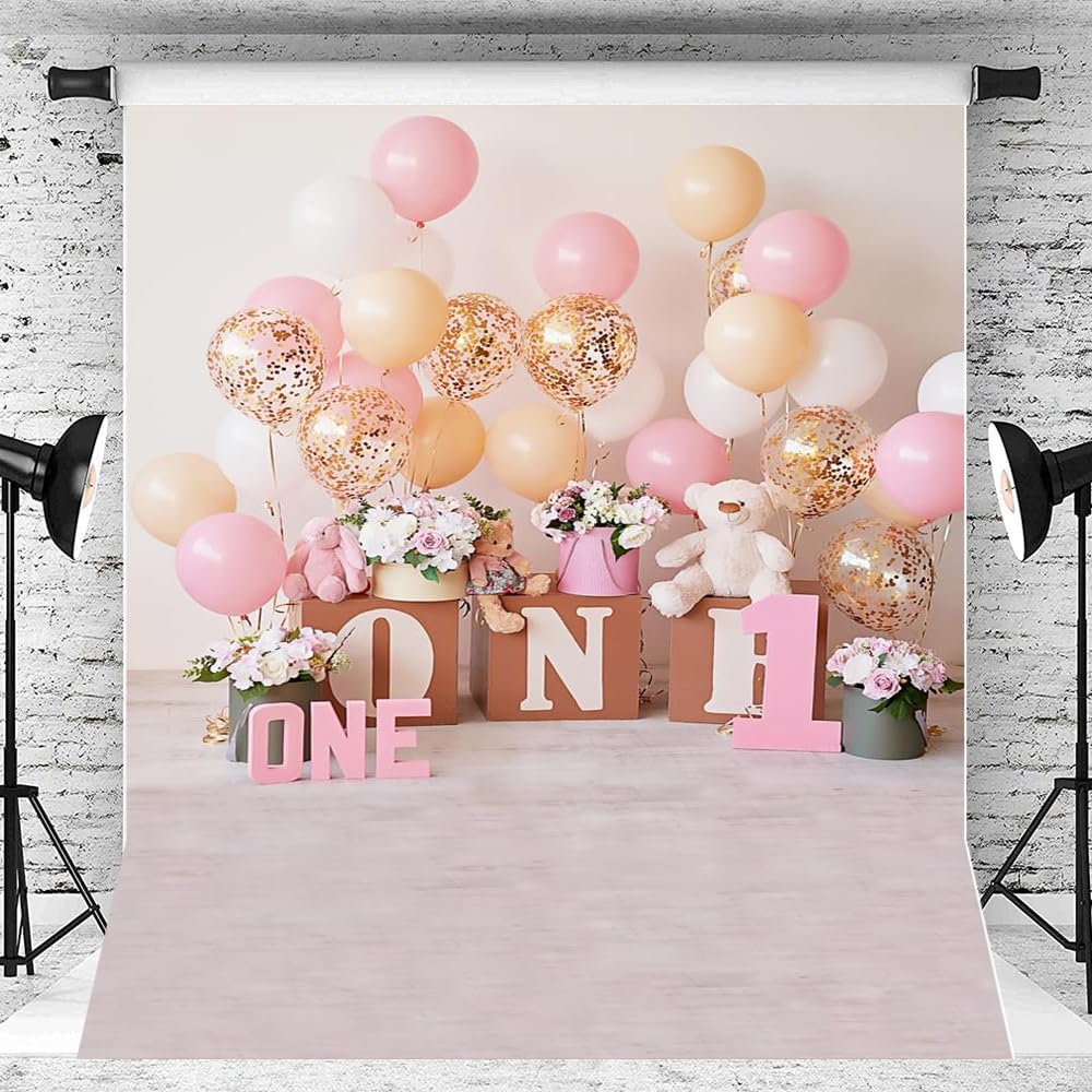Amazon.com : 5x7ft Pink Gold Balloon First Birthday Backdrops for Girl ...
