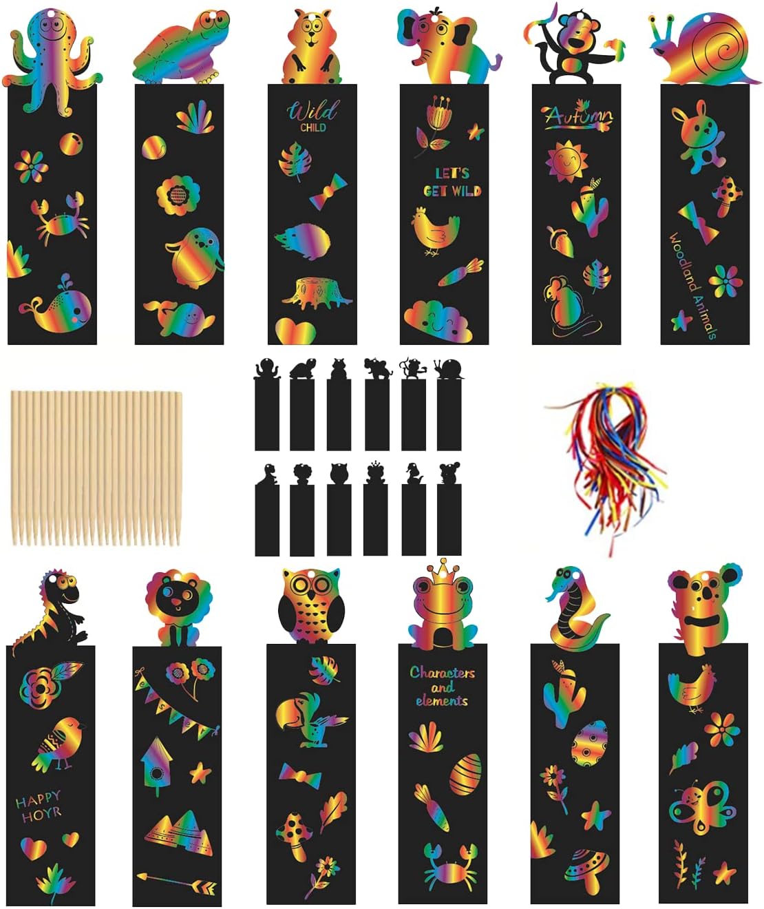 LATERN 96Pcs Scratch Art Bookmarks, 12 Style Magic Scratch Rainbow ...