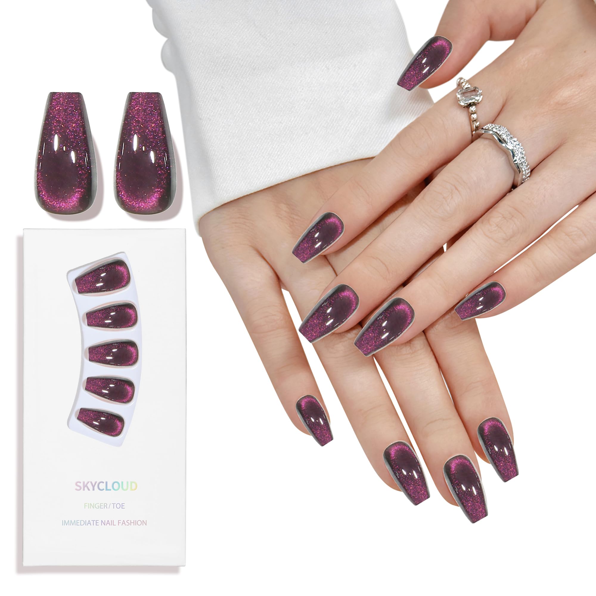 Amazon.com: Purple Cat Eyes Press On Nails, 12 Size-24 Pcs Gel Purple ...