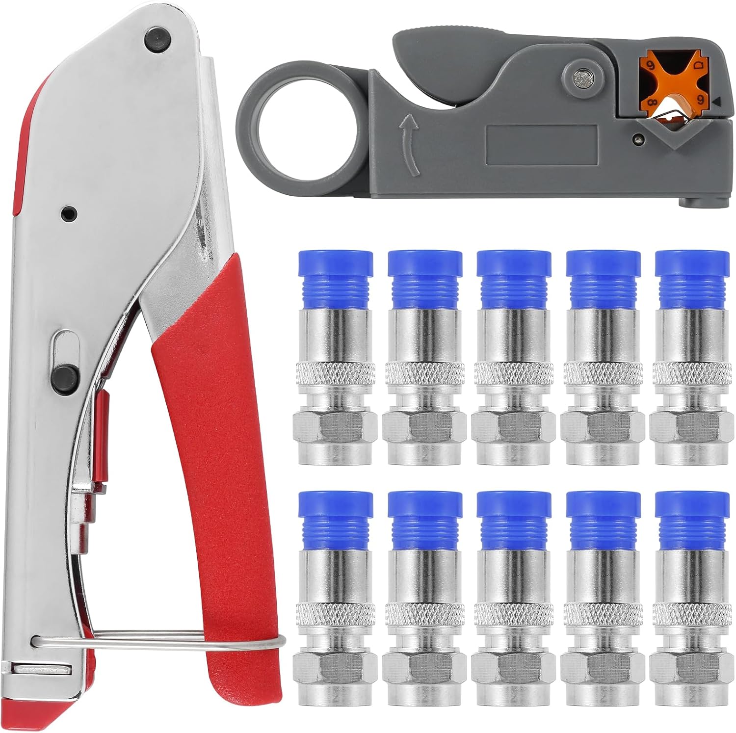 Coax Cable Crimper, Coaxial Compression Tool Kit Wire Stripper with 10 ...