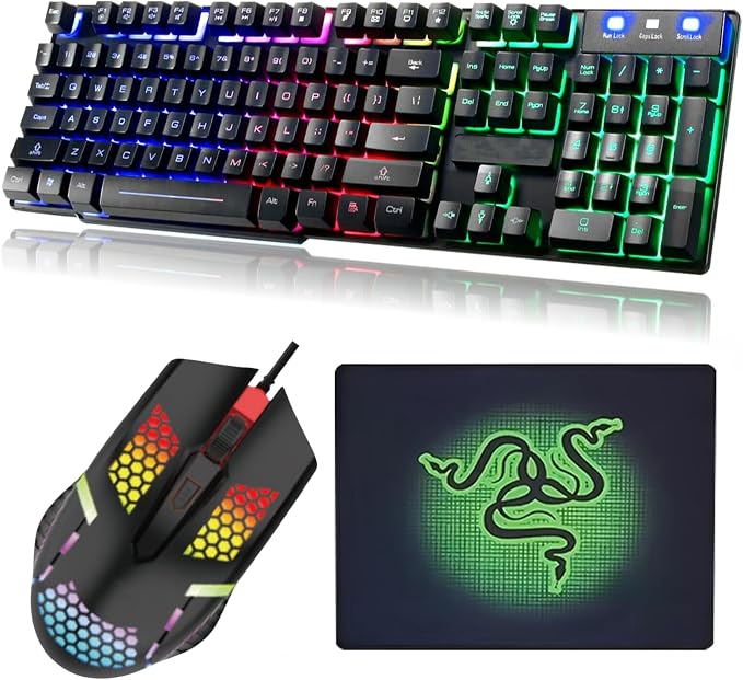 Gaming Keyboard Mouse and Mouse Pad Combo Set- Ergonomic Rainbow RGB ...
