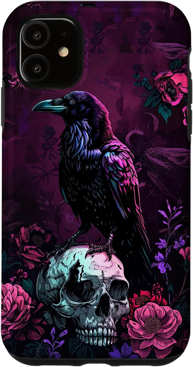Amazon.com: iPhone 11 Raven On Skull And Roses Flower Gothic Soft ...