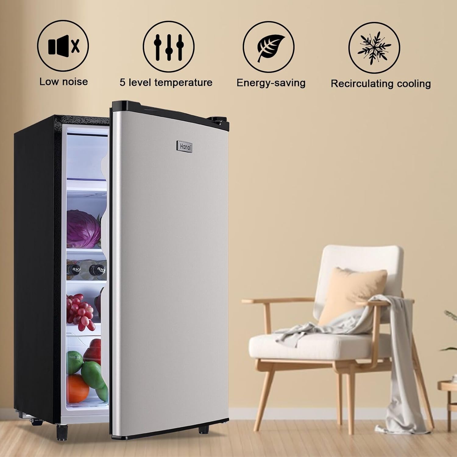 WANAI Mini refrigerador compacto de 3.2 pies cúbicos de una sola puerta con control ajustable de ...