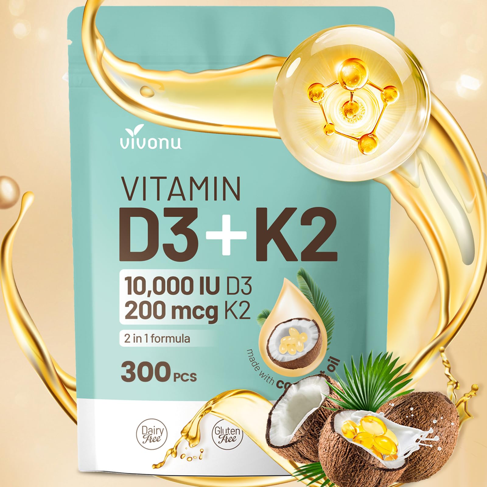 VivoNu Vitamina D3 10000 UI Plus K2 (MK-7) 200 mcg, 300 Softgels de ...