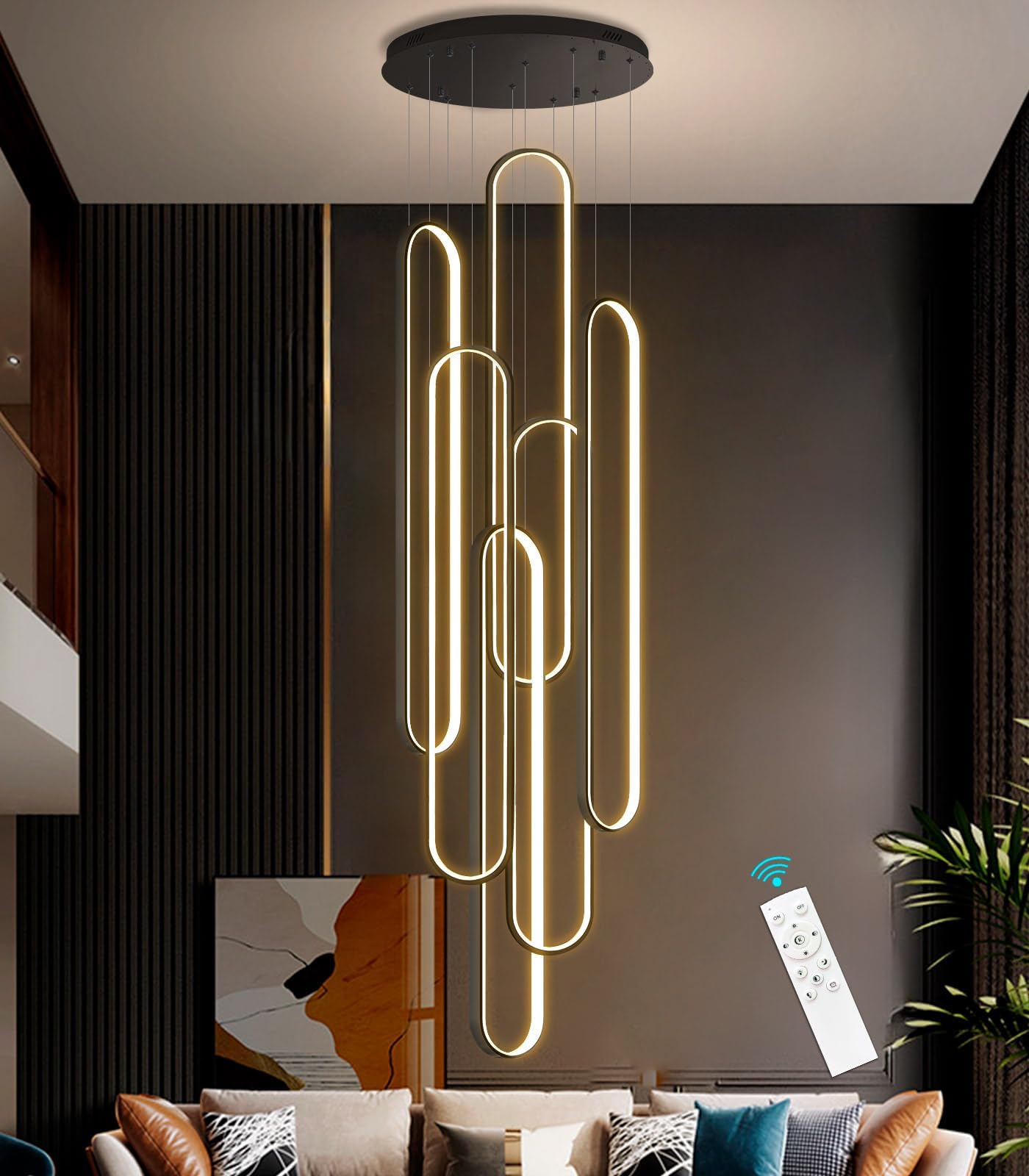 XGZL·LIGHTING 7-Rings Modern LED Chandelier Black D31.5’’ Contemporary ...