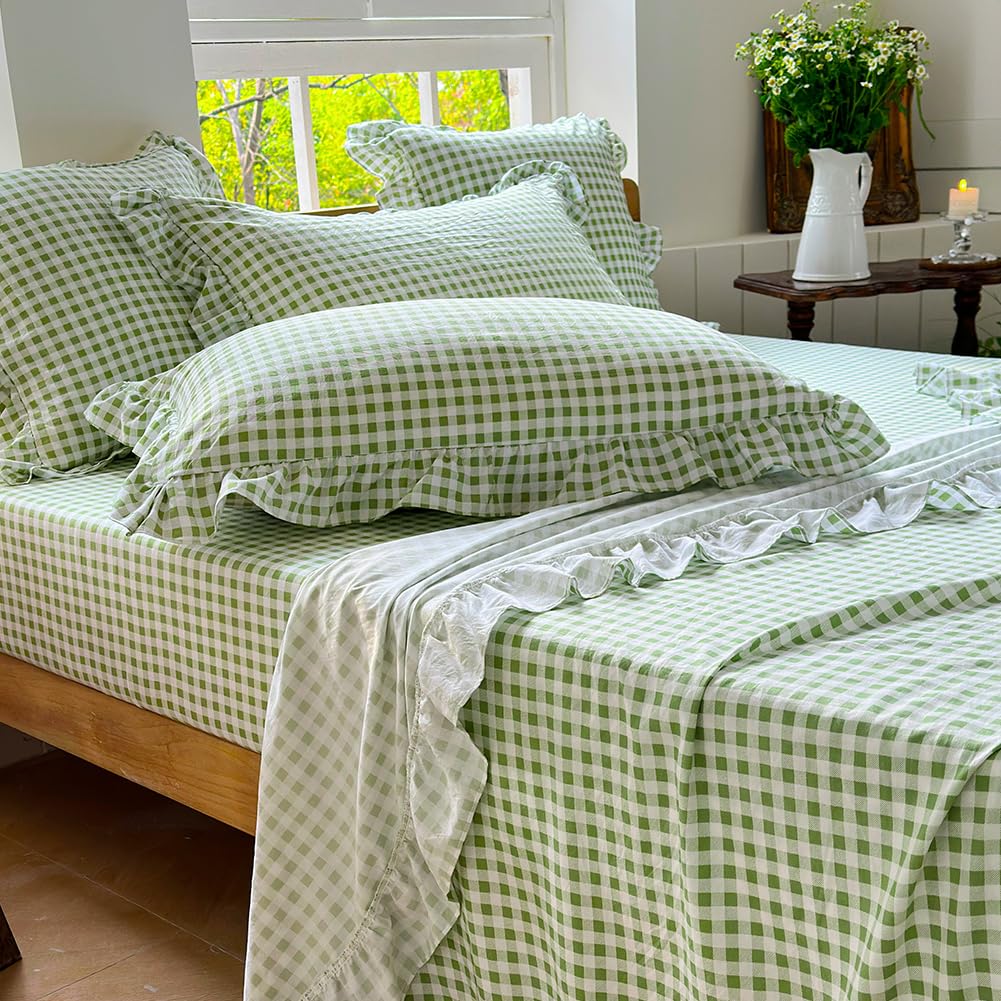Amazon.com: NSNLGSGC Sage Green Gingham Ruffle Queen Sheet Set, Green Soft Pre-Washed Microfiber ...