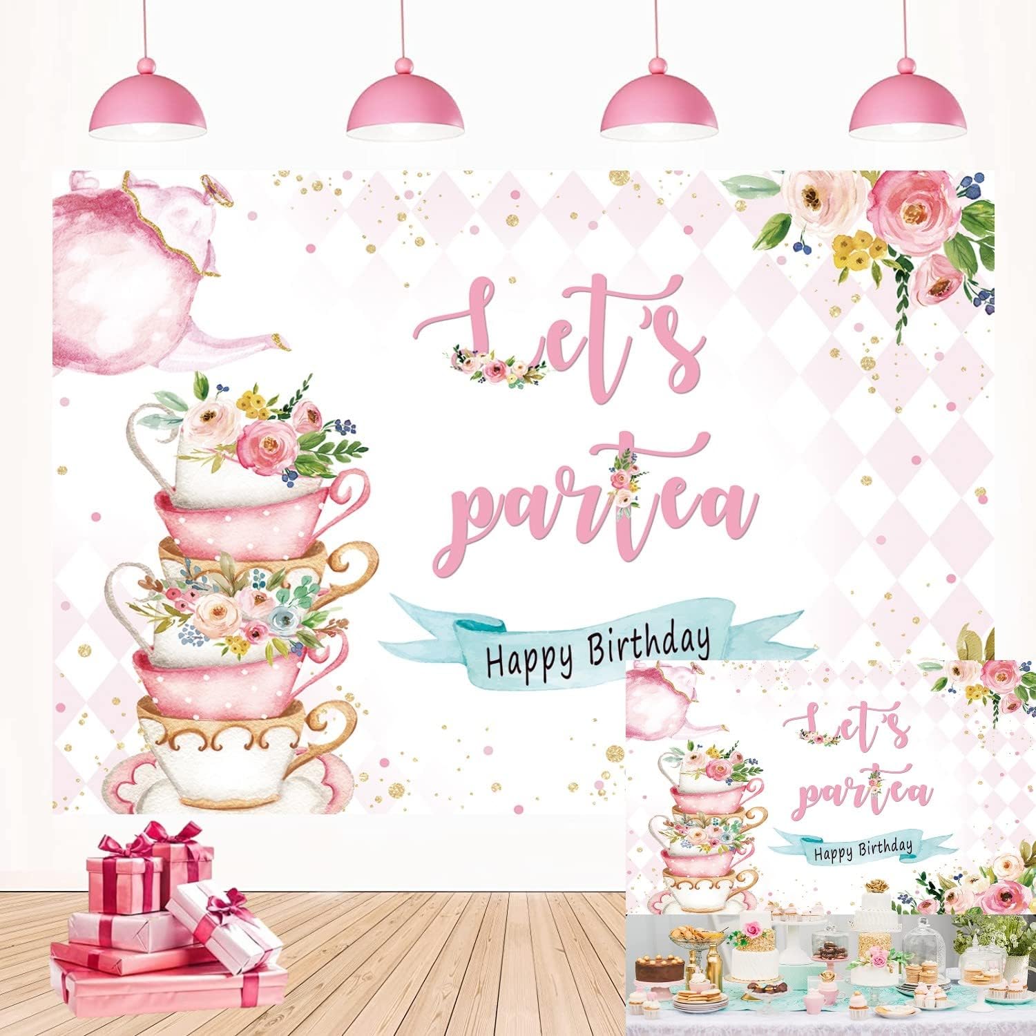 Amazon.com : Pink Floral Tea Party Backdrop Glitter Gold Dots Butterfly ...