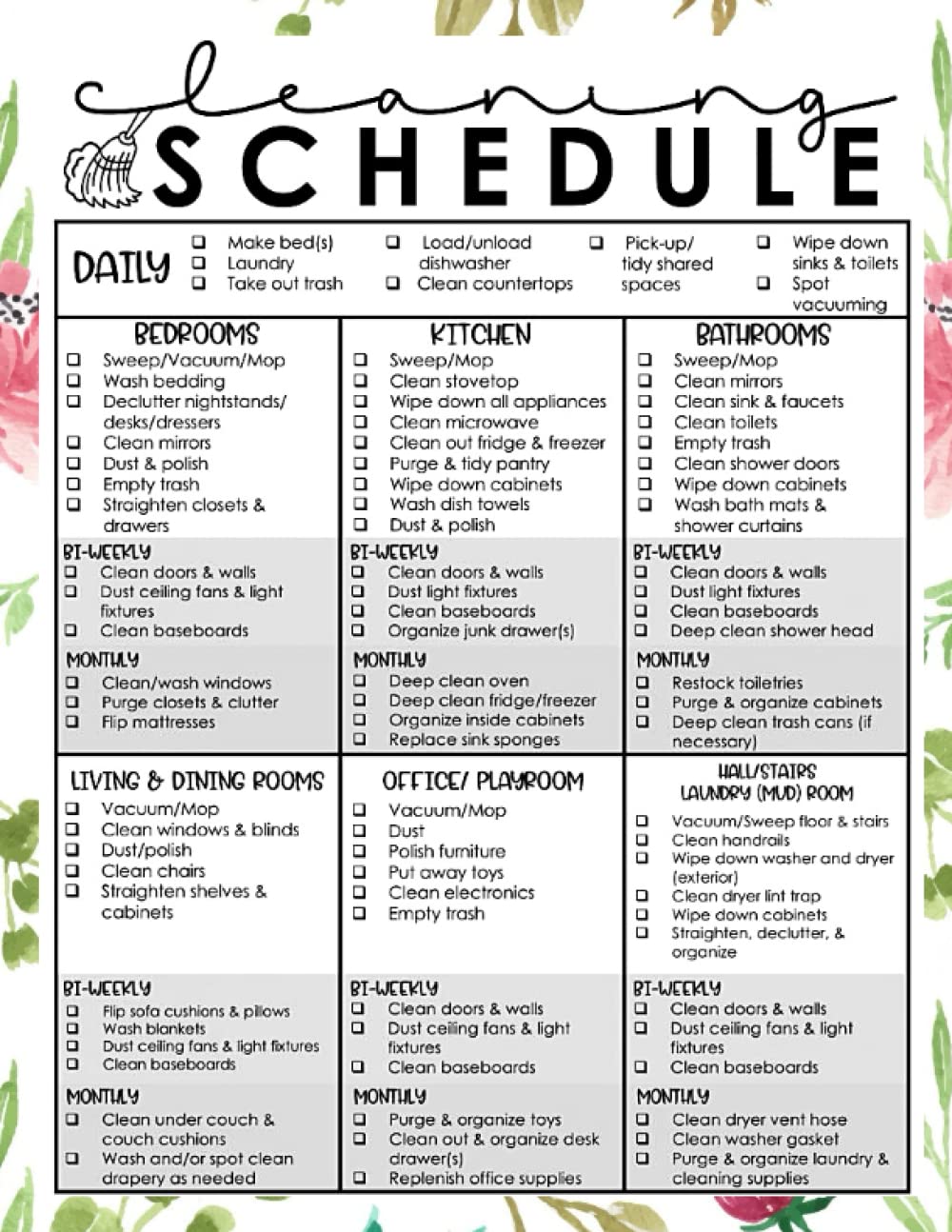 Cleaning Schedule: Daily, Biweekly, and Monthly Cleaning Schedule and ...