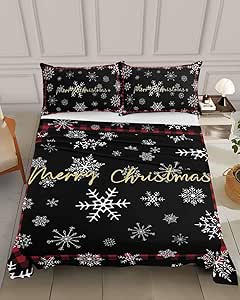 Amazon.com: Twin Size Top Sheet Only, Christmas Snowflakes Black Red ...