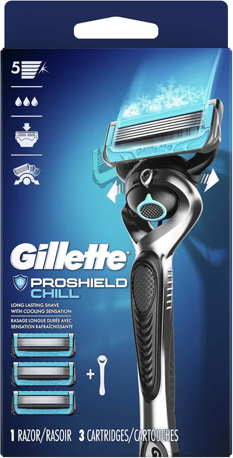 Gillette Proshield Chill Mens Razor Handle + 3 Blade Refills,Blue ...