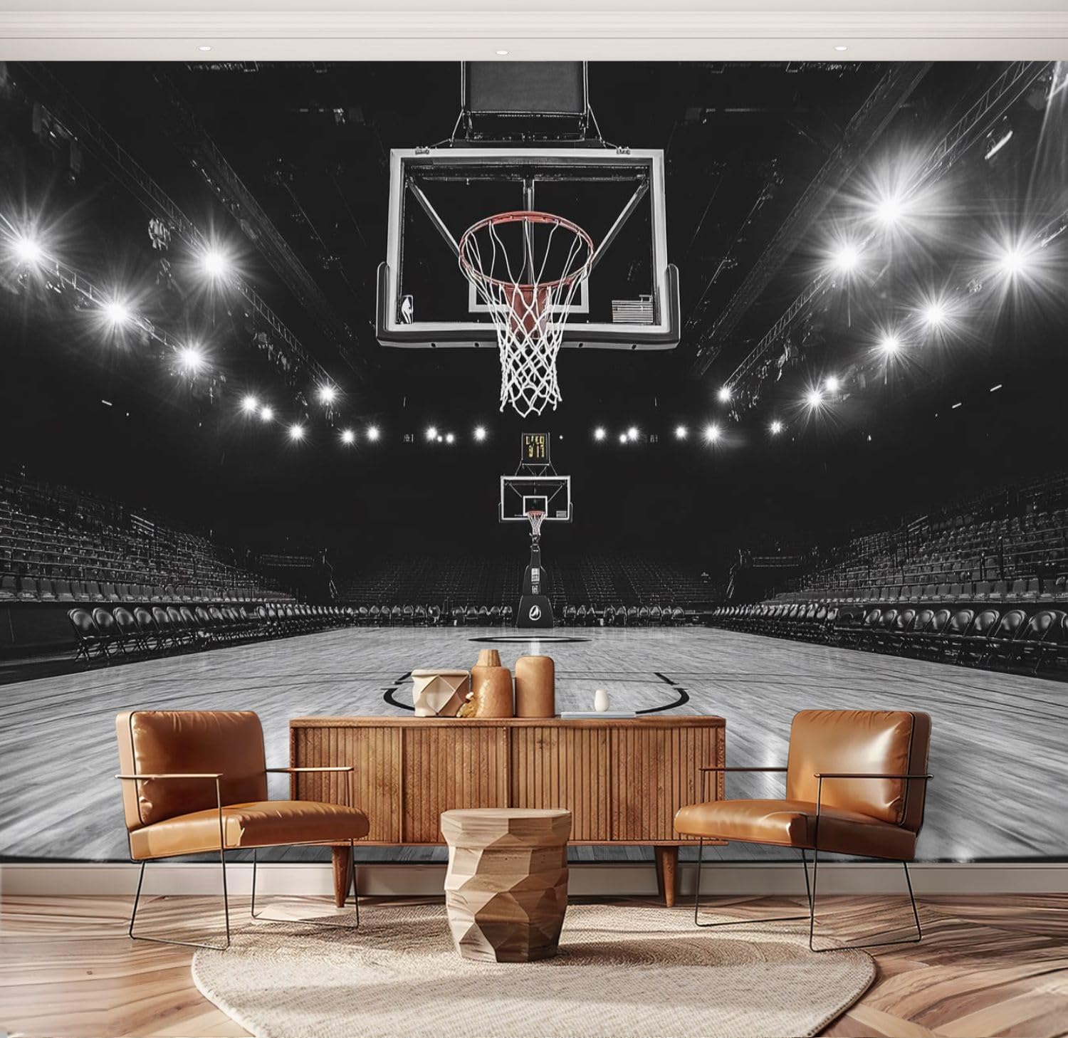 Amazon.com: Basketball Court Black and White Sports Hoop Stadium Lights ...
