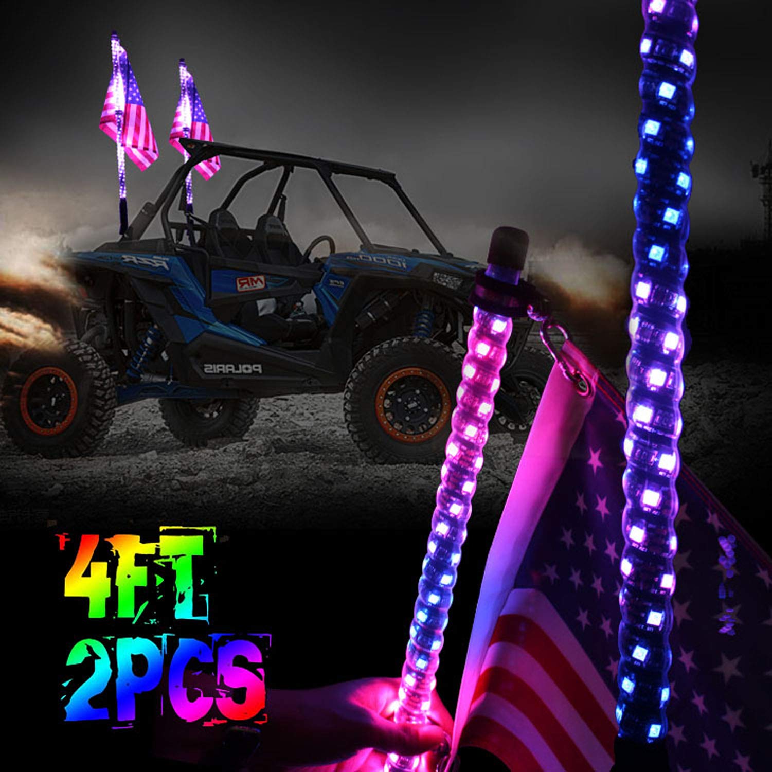 Buy 4ft LED Whip Lights with Pole Remote Control 360° Spiral LED RGB ...