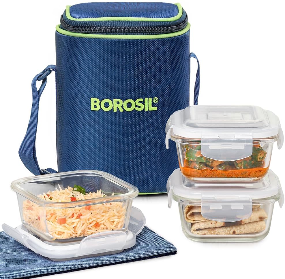Borosil Foodluck Olive Lunch Boxes Set of 4 (320 ml Each) with Lunch ...