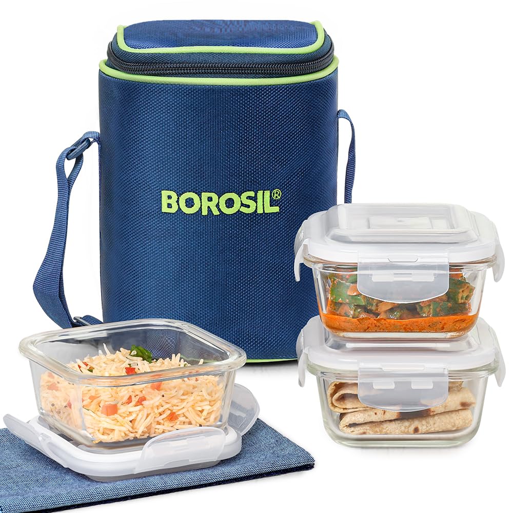 Buy Borosil Klip n Store Lunchbox with Bag | 3pc Square Container Set ...