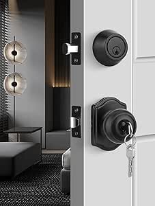 goldenwarm Matte Black Exterior Door Knob and Single Cylinder Deadbolt, Keyed-Different Entry ...