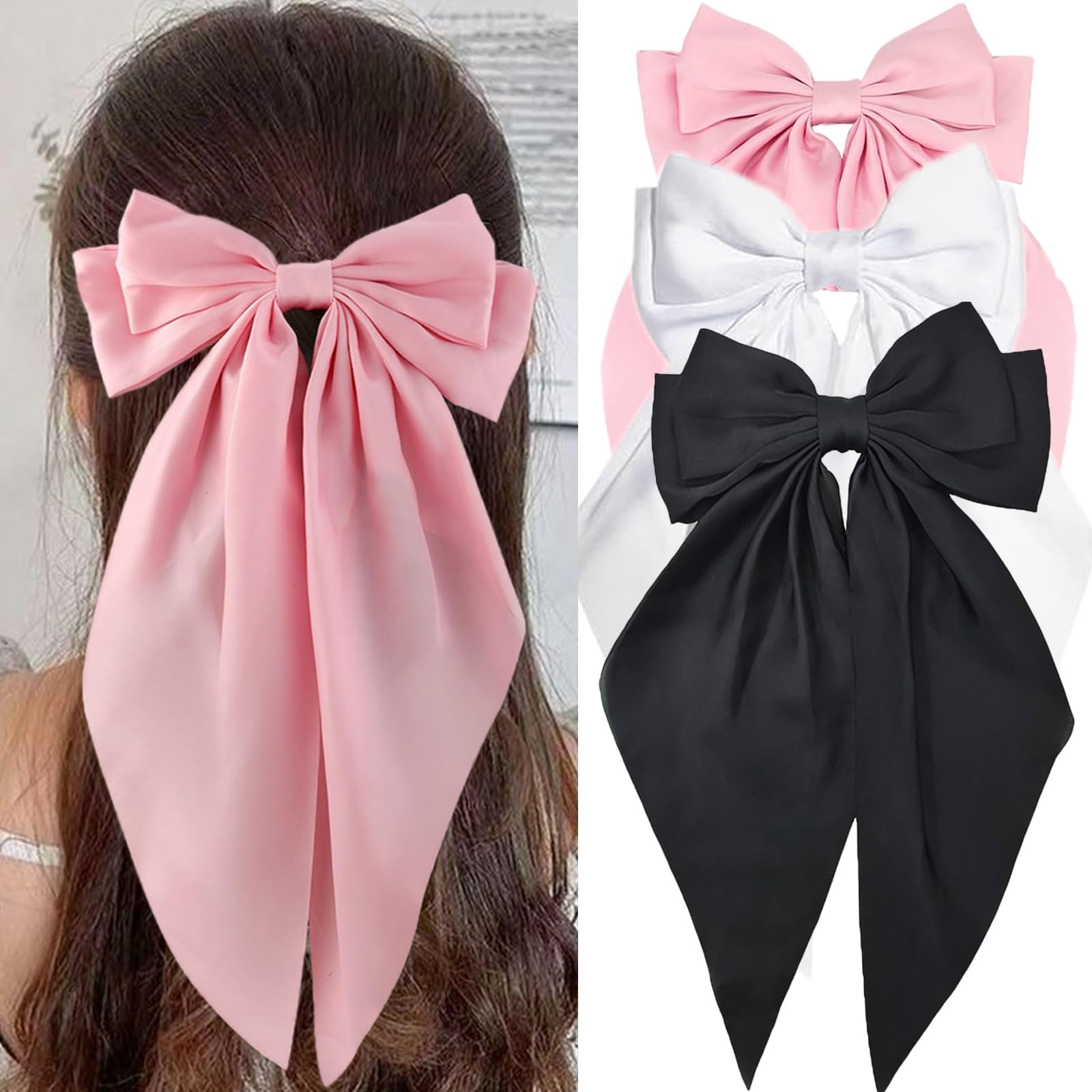 Amazon.com : 3PCS Hair Bows for Women, Big Bow Hair Clips with Long ...
