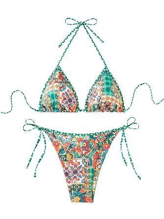 Amazon.com: BEAUDRM Women's 2 Piece Boho Bikini Set Triangle Thong ...